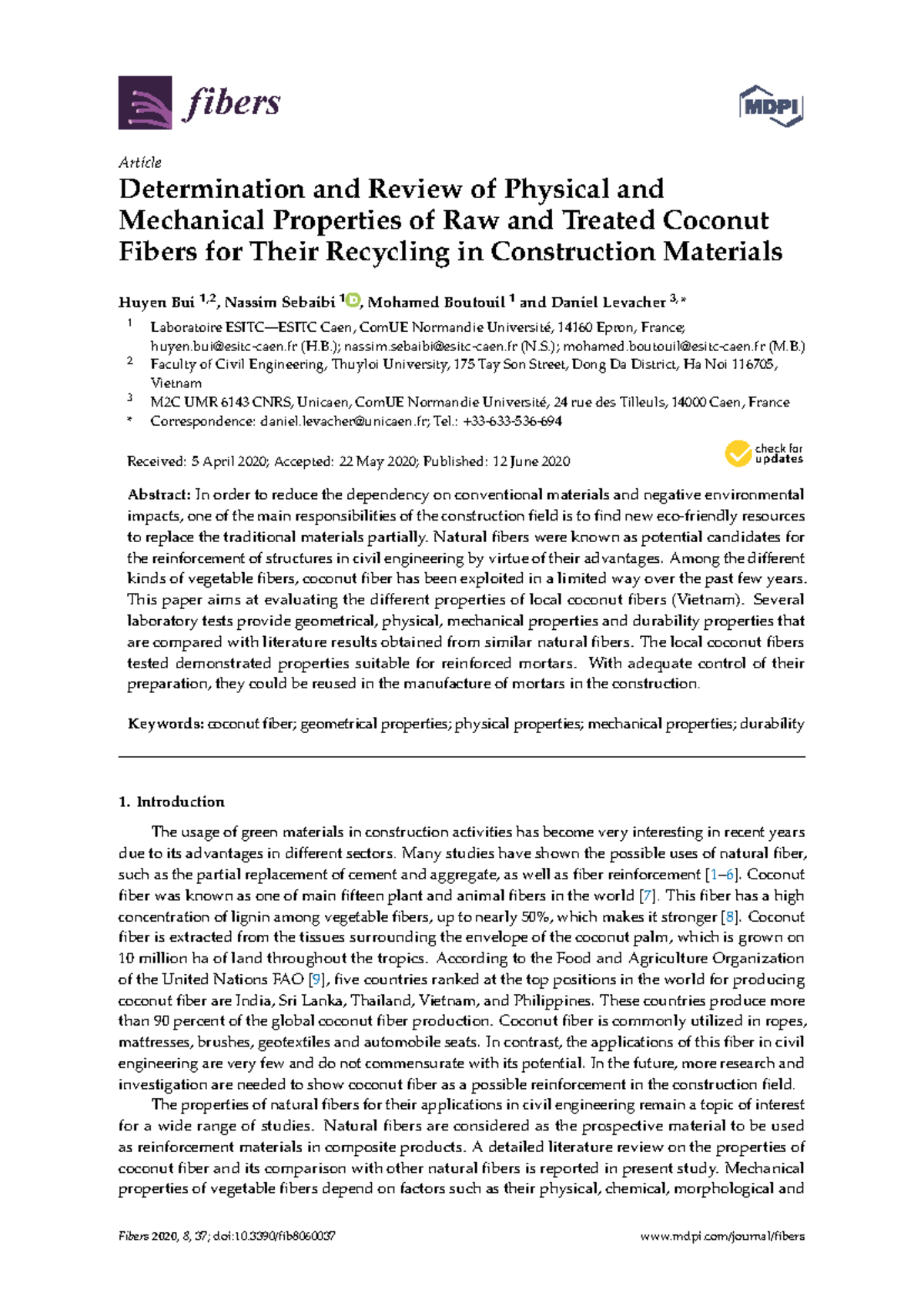 Fibers 08 00037 v2 - thesis about coconut shell - fibers Article ...