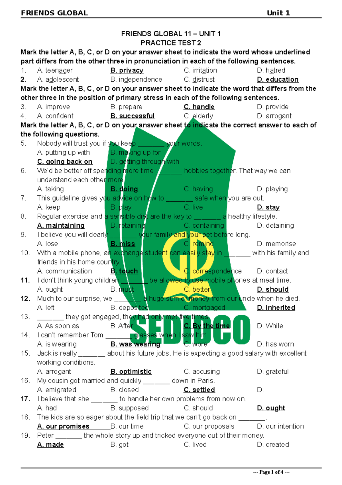 Practice Test 2 - Friends Global 11 (Unit 1) - Studocu