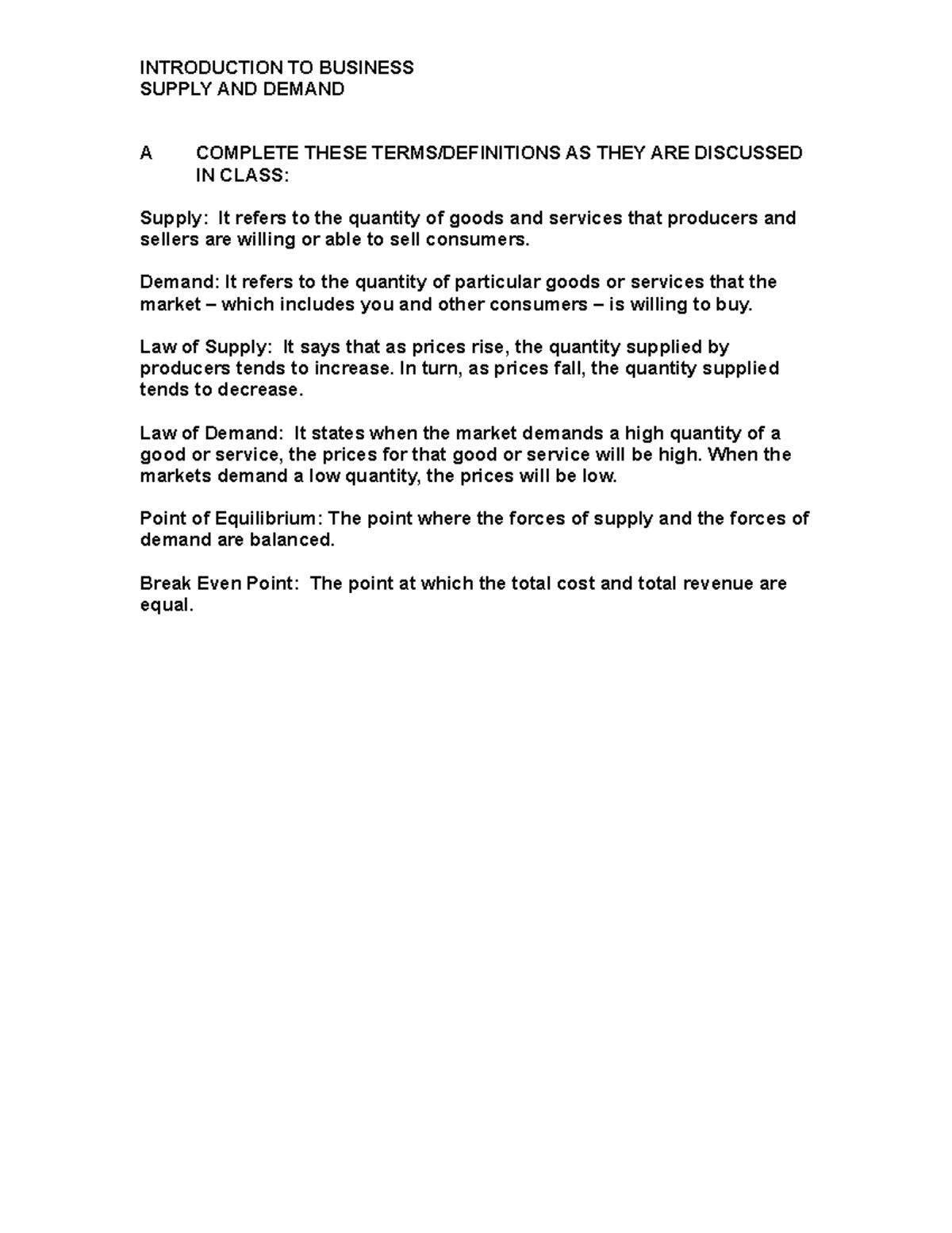 Supply Demand - Lecture notes 1 - INTRODUCTION TO BUSINESS SUPPLY AND ...