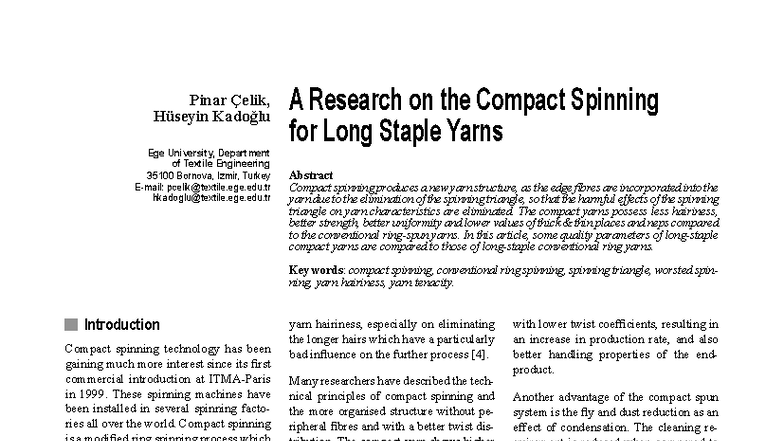 EGE 35100: Research on Compact Spinning for Long Staple Yarns - Studocu