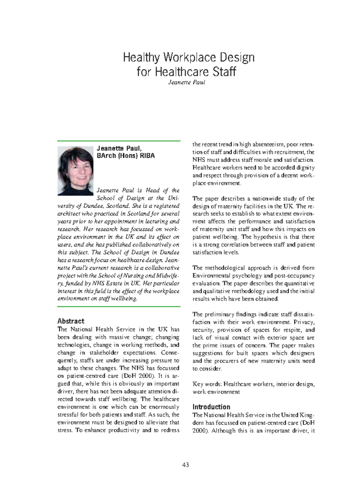 Healthy Workplace Design for Healthcare Staff (BArch 2005) - Studocu