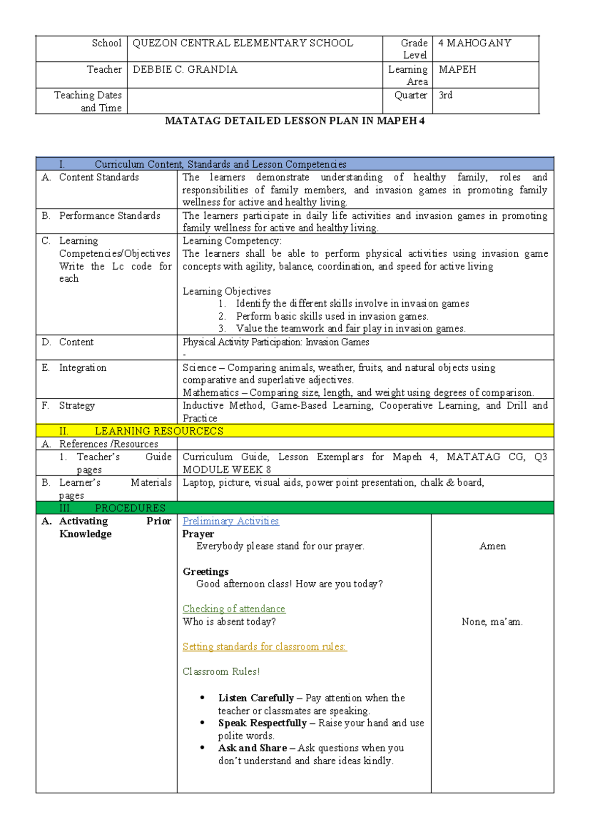 MAPEH 4 Final Lesson Plan: Invasion Games & Family Wellness - Studocu