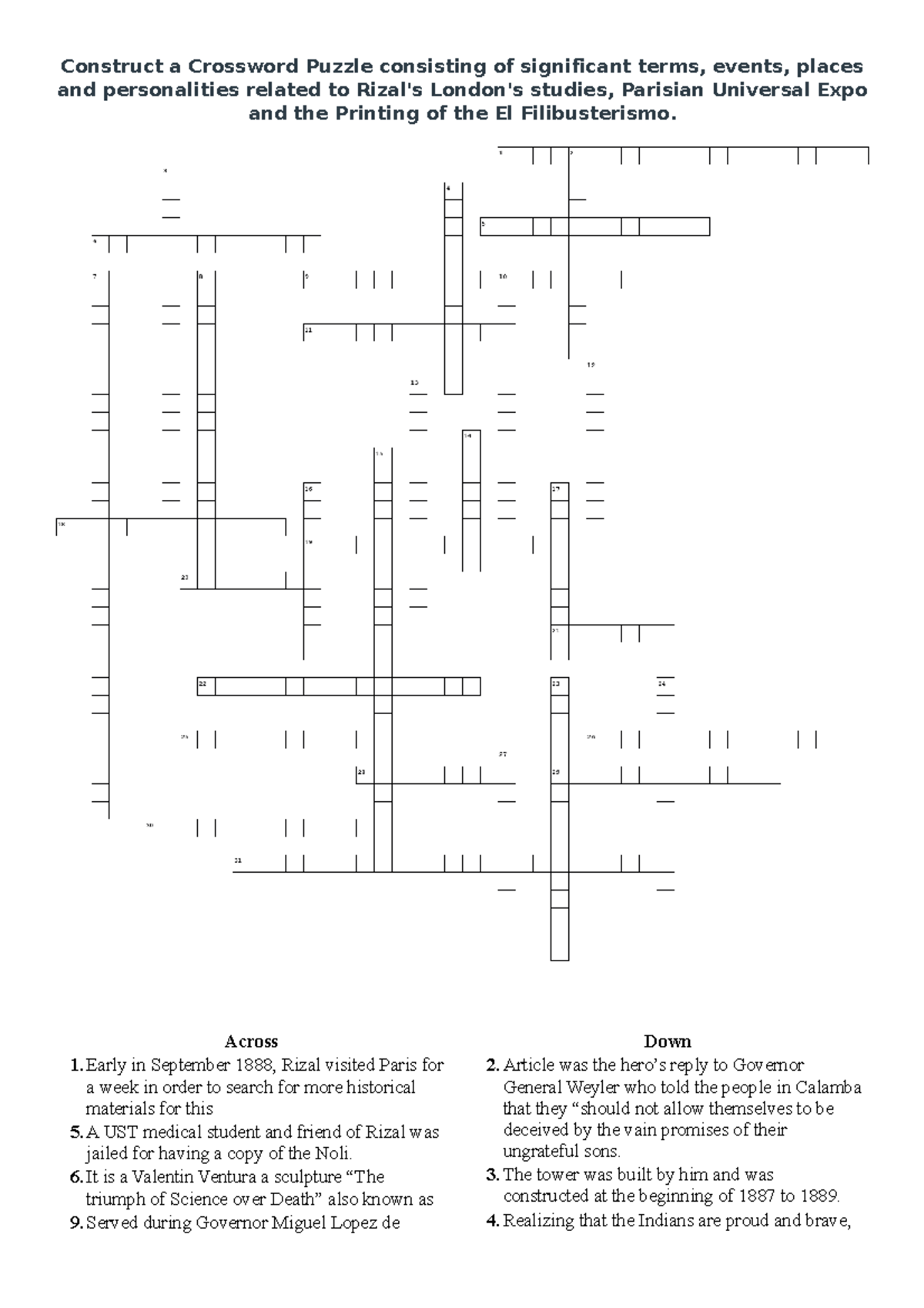Rizal Crossword Puzzle: Key Terms from His Studies & Works - Studocu