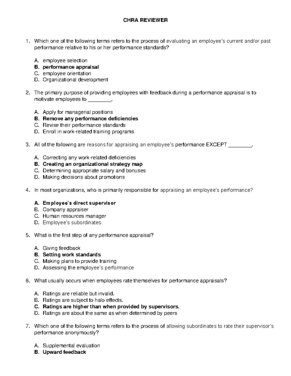 CHRA 1: Performance Appraisal and Employee Evaluation Questions - Studocu
