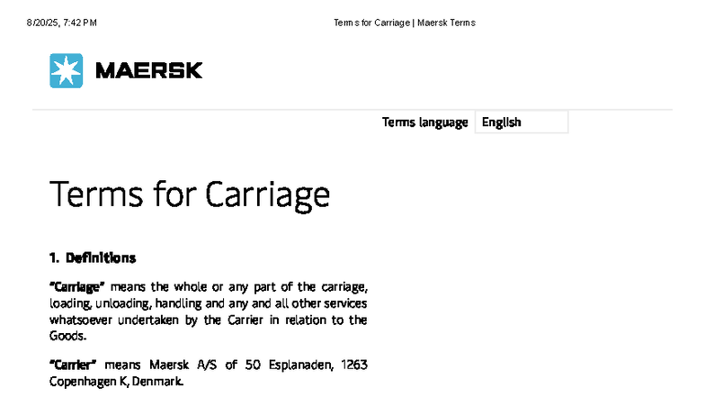 Maersk Terms for Carriage: Comprehensive Guide and Definitions - Studocu