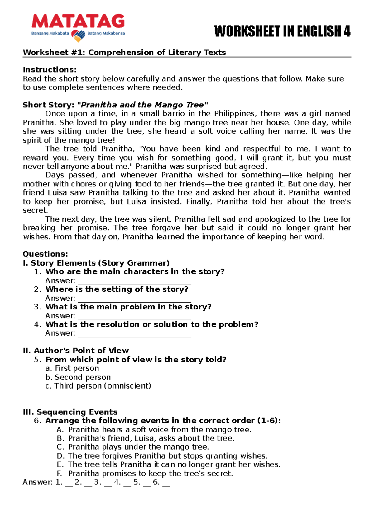 WORKSHEET IN ENGLISH 4: Comprehension of Literary Texts and Language ...