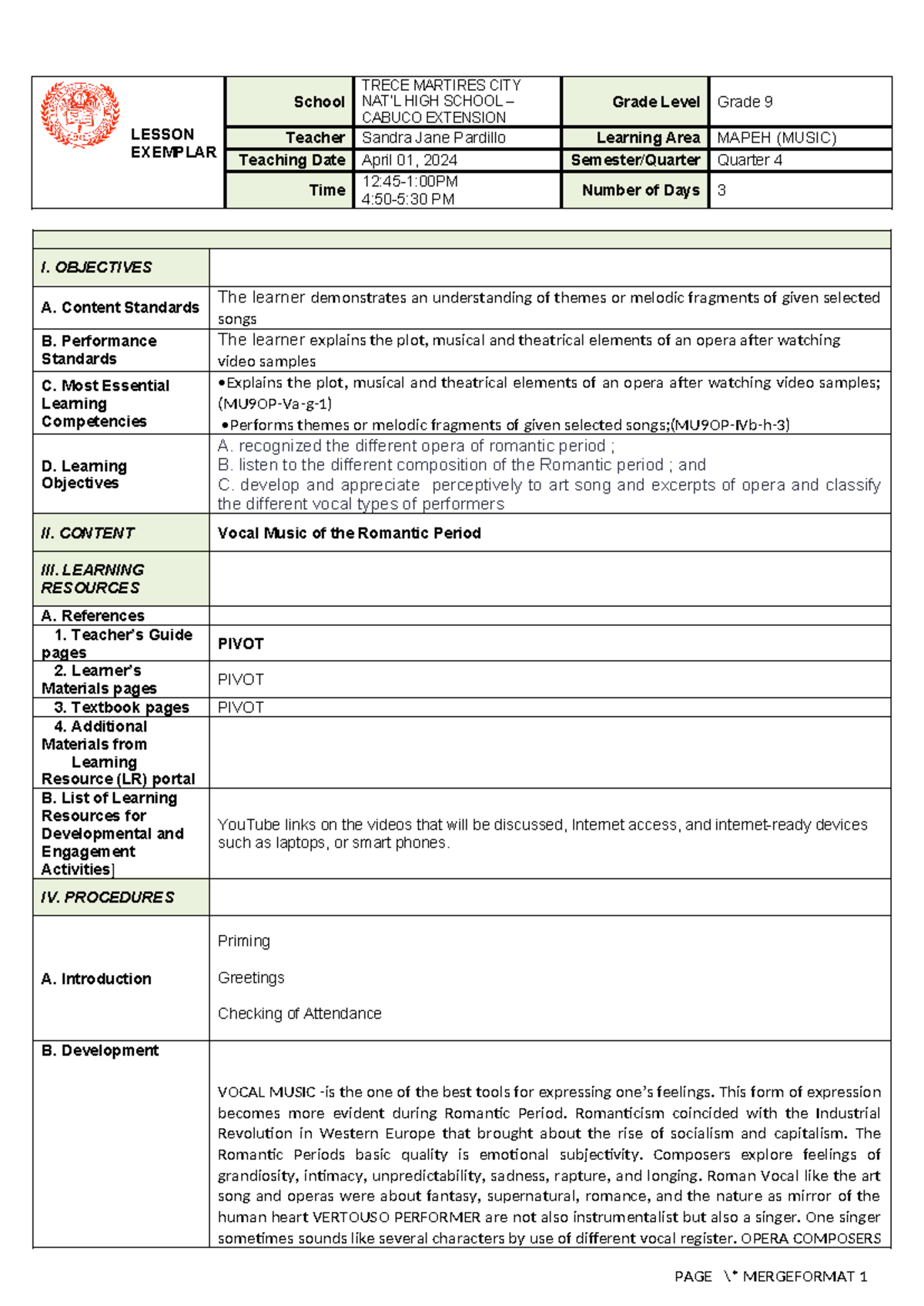 G9-Q4- Music- Vocal Music of the Romantic Period - Lesson Plan - Studocu