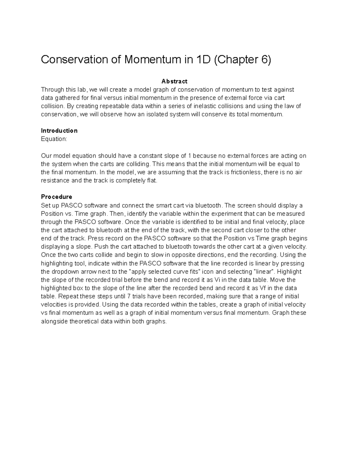 Conservation of Momentum in 1D (Mini Lab Report) - Conservation of ...