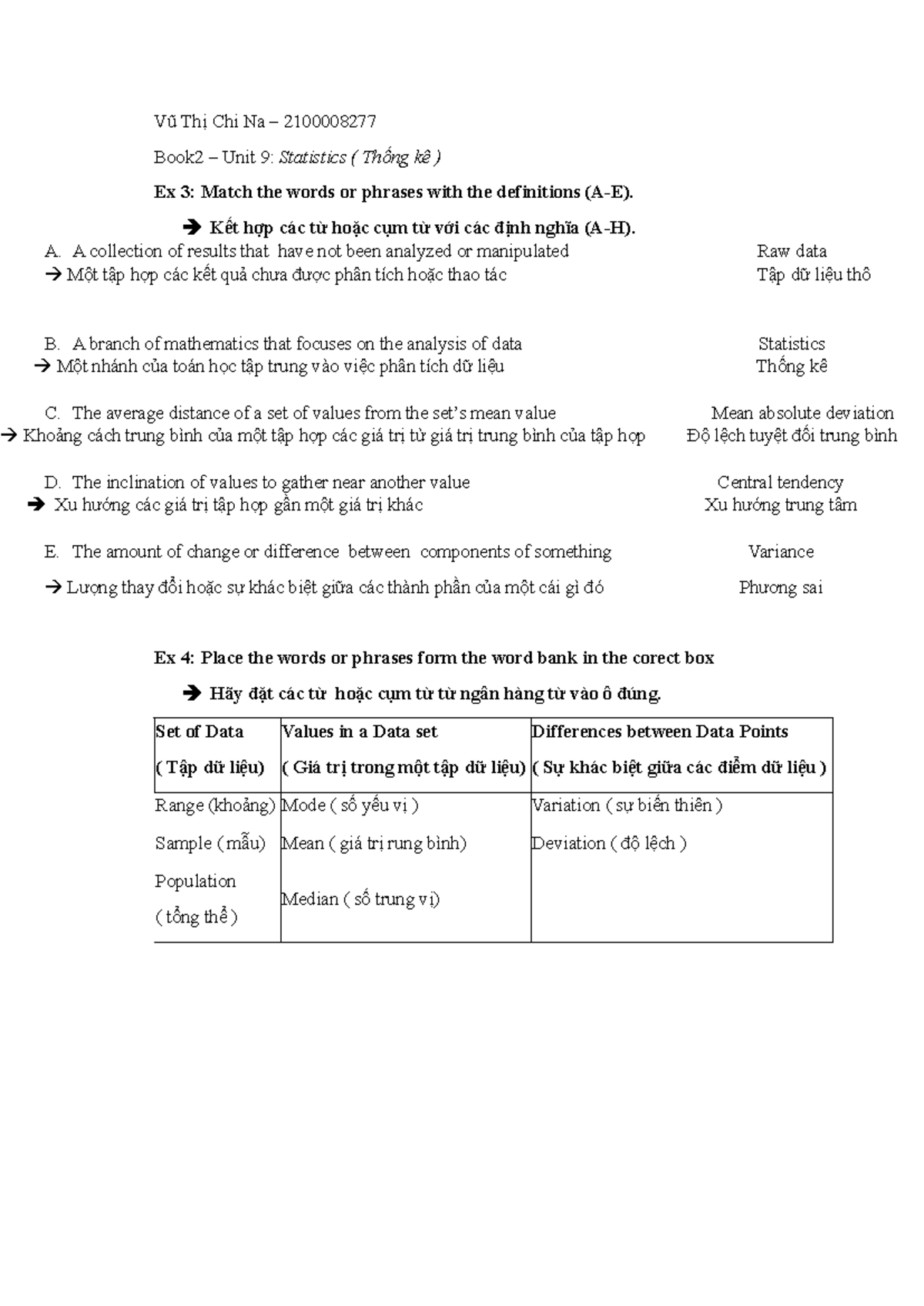 B9 Unit 9: Statistics Exercises 3 & 4 - Vocabulary Matching - Studocu