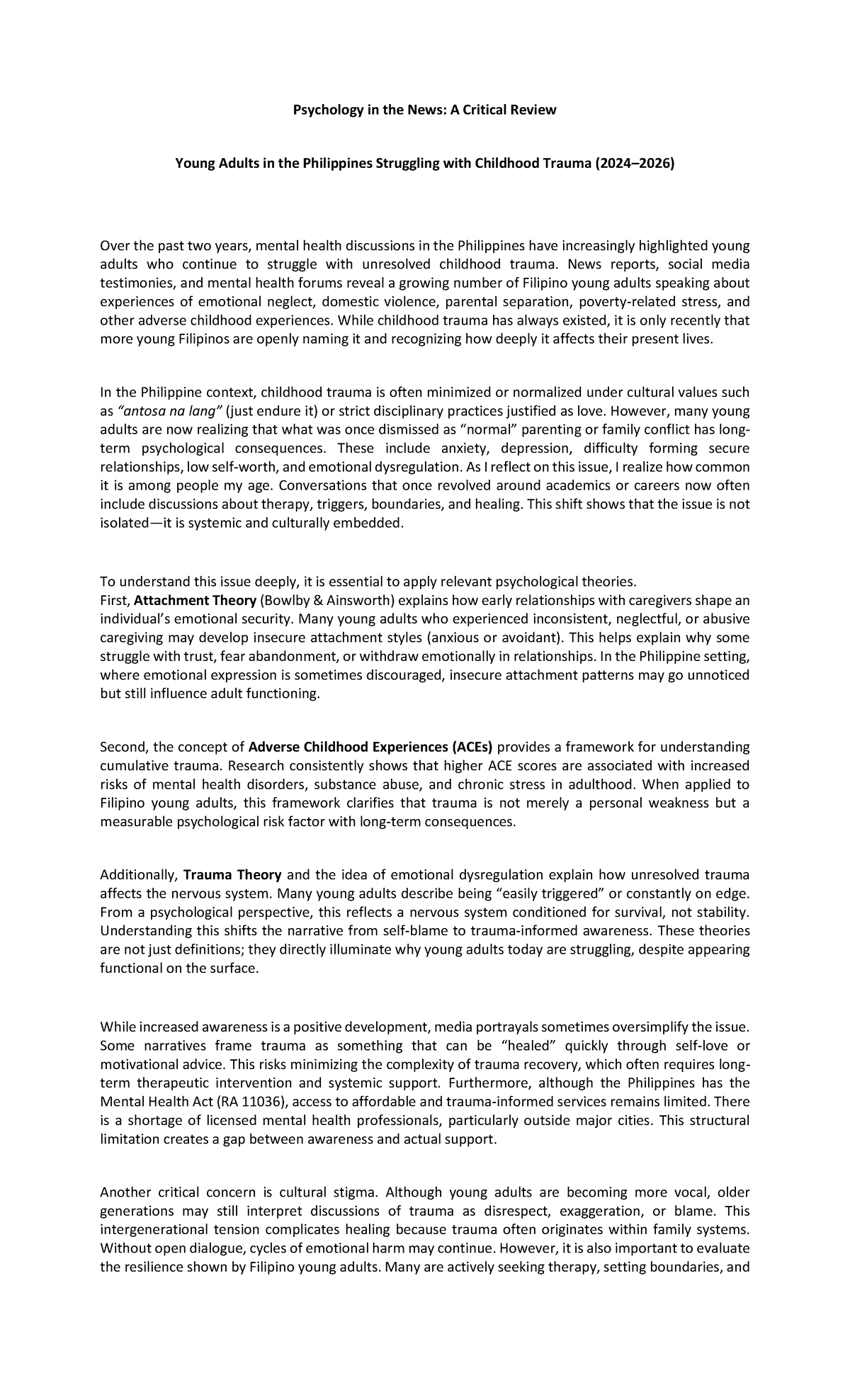 Psychology 101: Critical Review of Childhood Trauma in Filipino Young ...