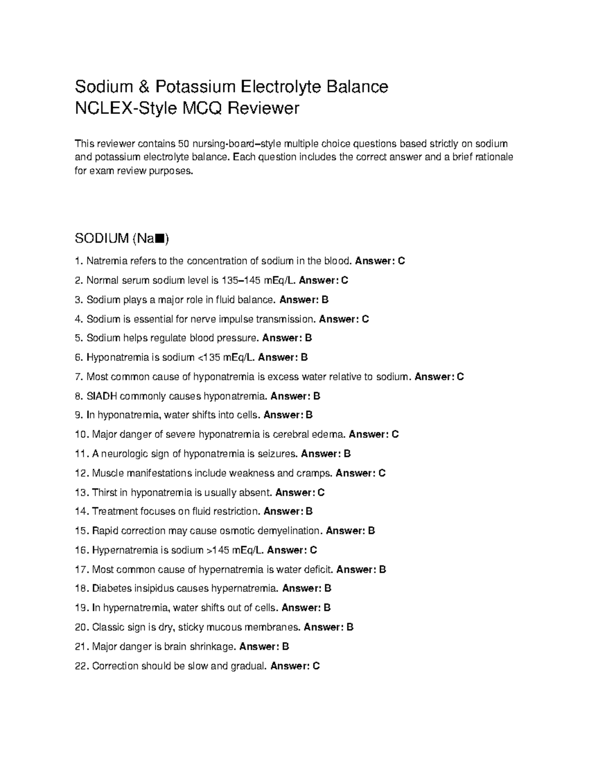 Sodium & Potassium Electrolyte Balance MCQ Reviewer - Studocu