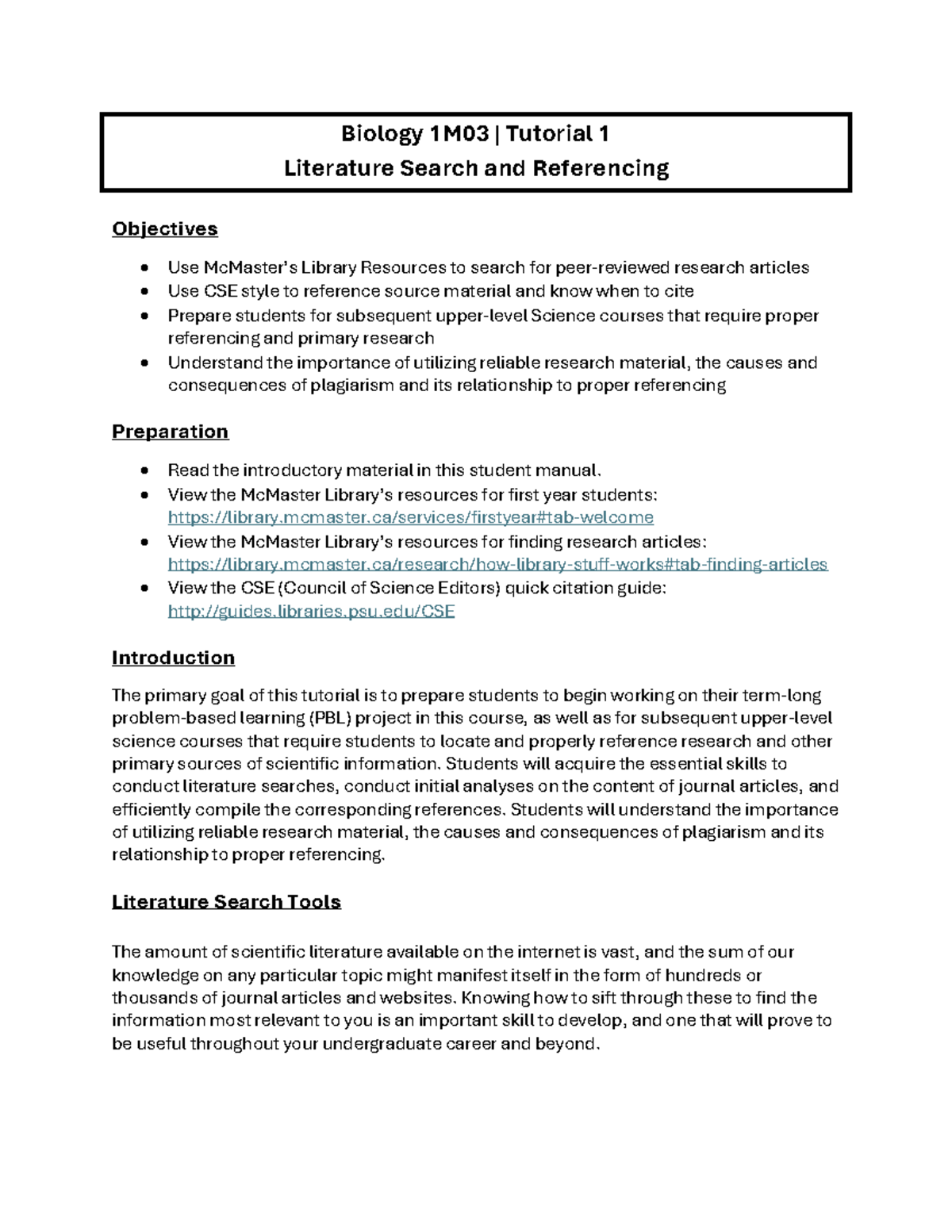 Biology 1M03 | Tutorial 1: Literature Search & Referencing Guide - Studocu