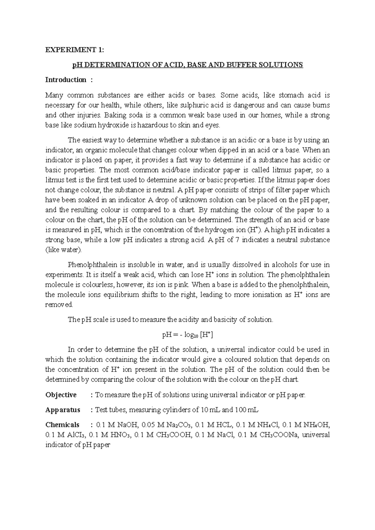 Chm271 Exp1 - pH Measurement in Acid, Base & Buffer Solutions - Studocu
