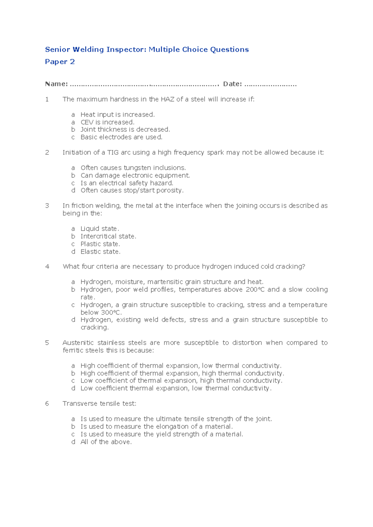 Welding Inspection Homework Questions - Paper 2 - Studocu