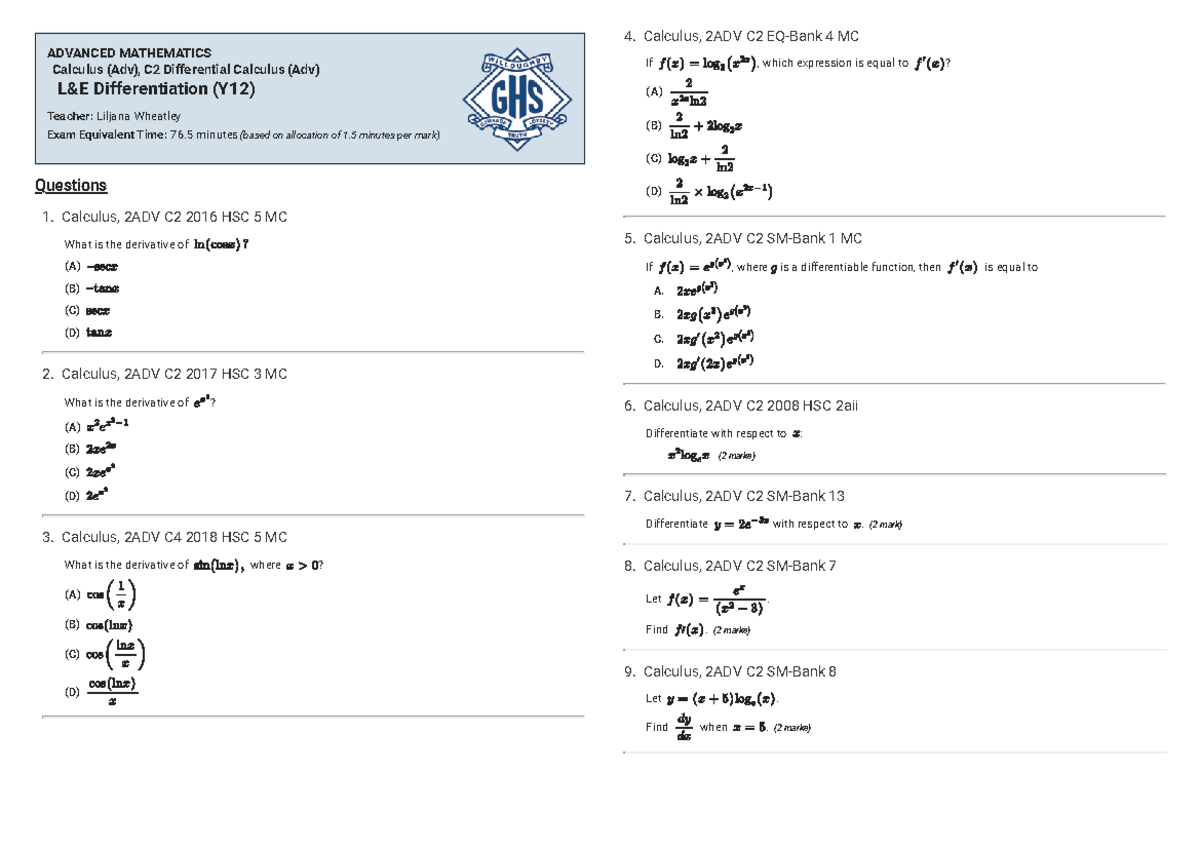 Year 12 Calculus 2ADV C2 Exam Questions and Solutions - Studocu