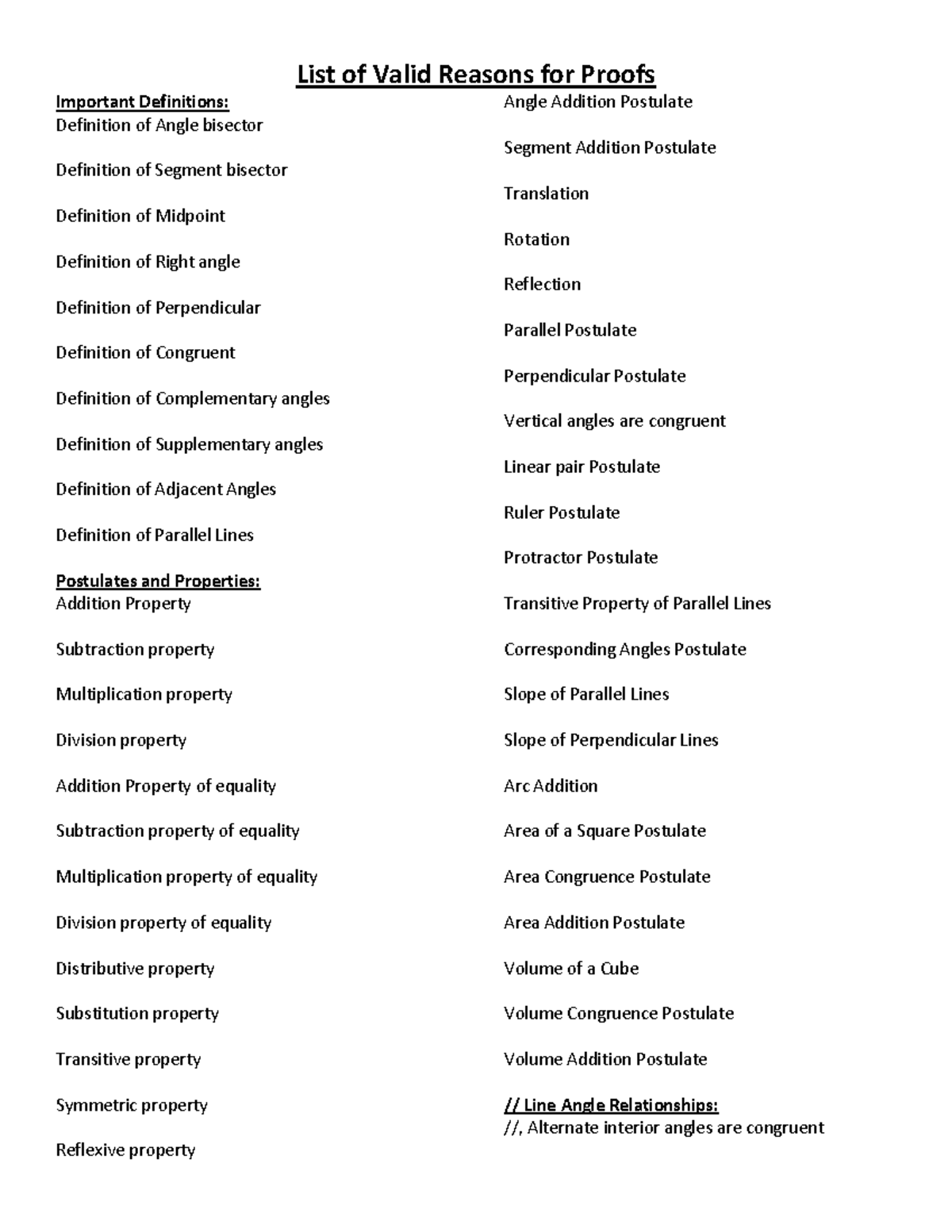 Valid Reasons for Proofs in Geometry: Important Definitions ...