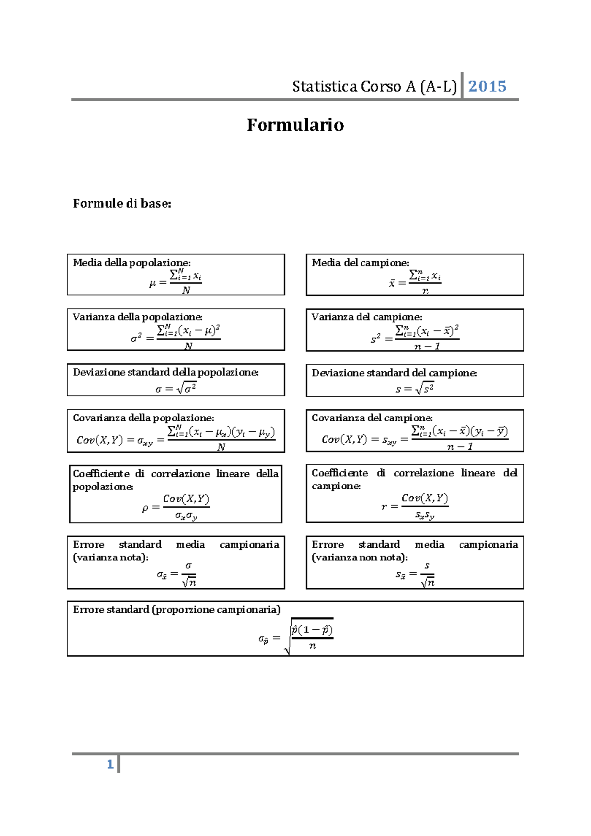 Formulario di Statistica Corso A 2015: Formule e Teoremi Essenziali ...