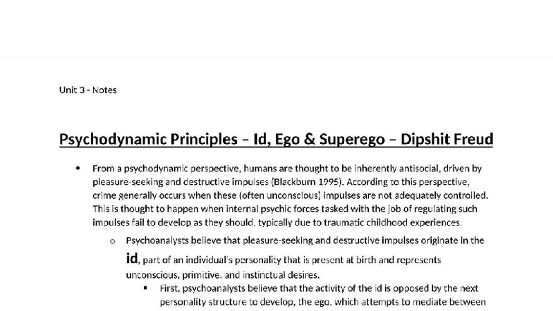 Unit 3 Notes: Psychodynamic Principles of Id, Ego, and Superego - Studocu