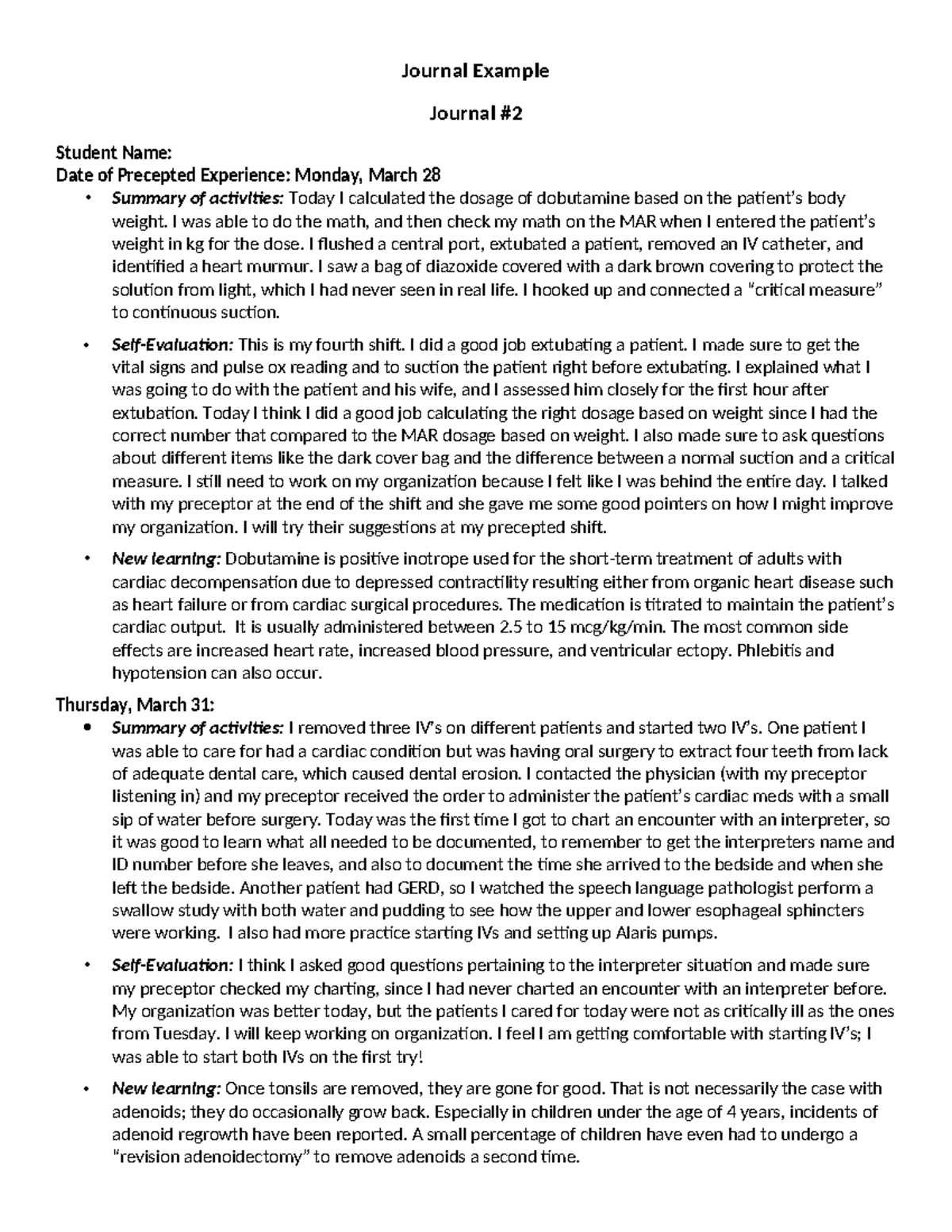 Journal Example - n/a - Journal Example Journal Student Name: Date of ...