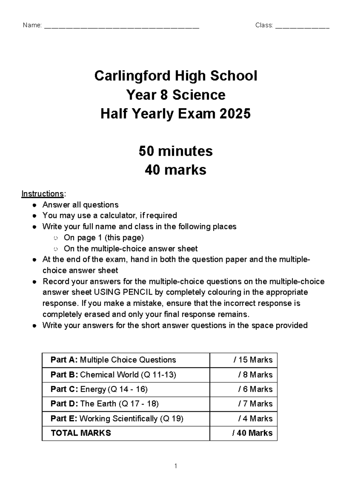 Year 8 Science Half Yearly Exam (2025) - Carlingford High School - Studocu
