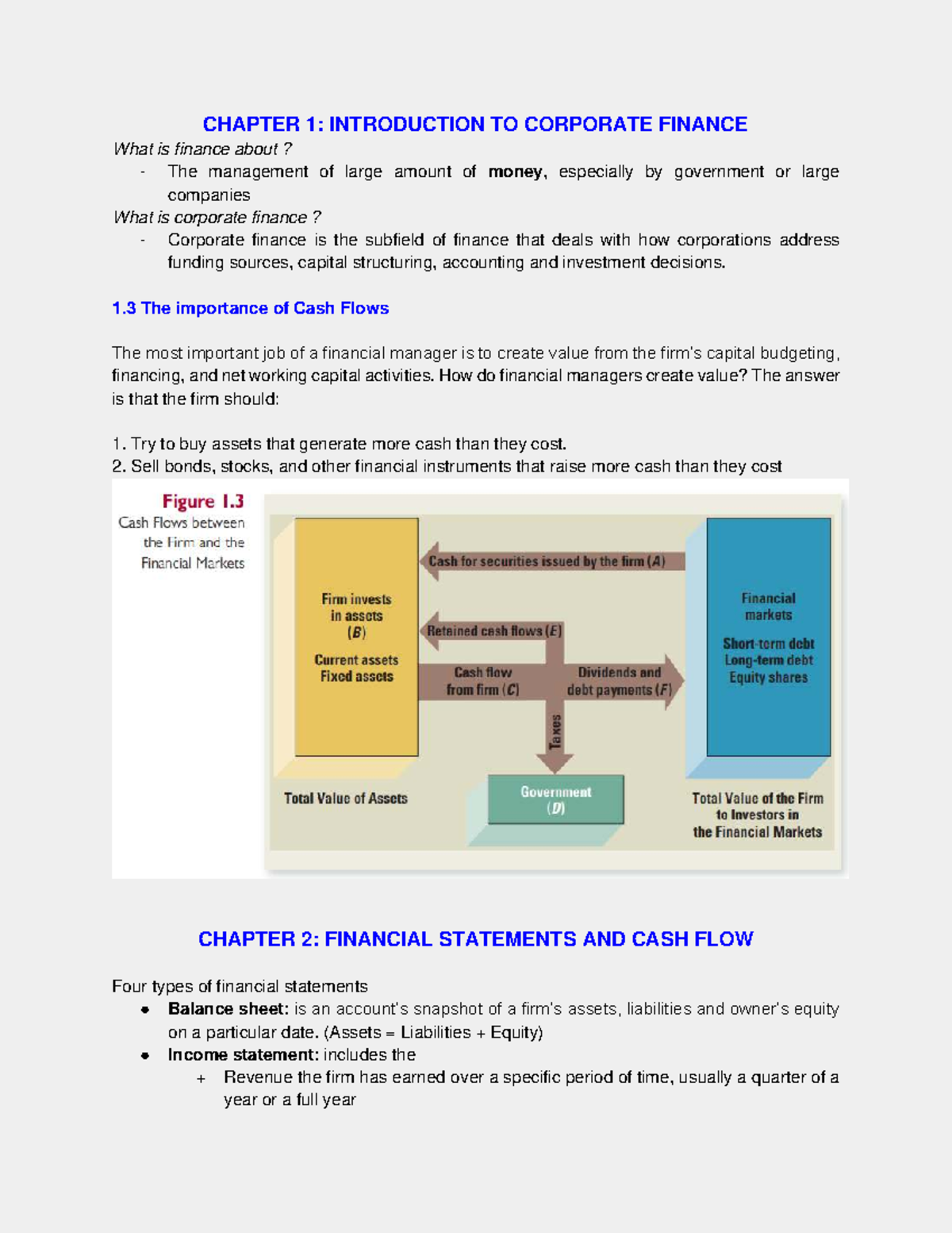 CHAP 1, 2 & 3: Corporate Finance Overview & Key Concepts for Test - Studocu
