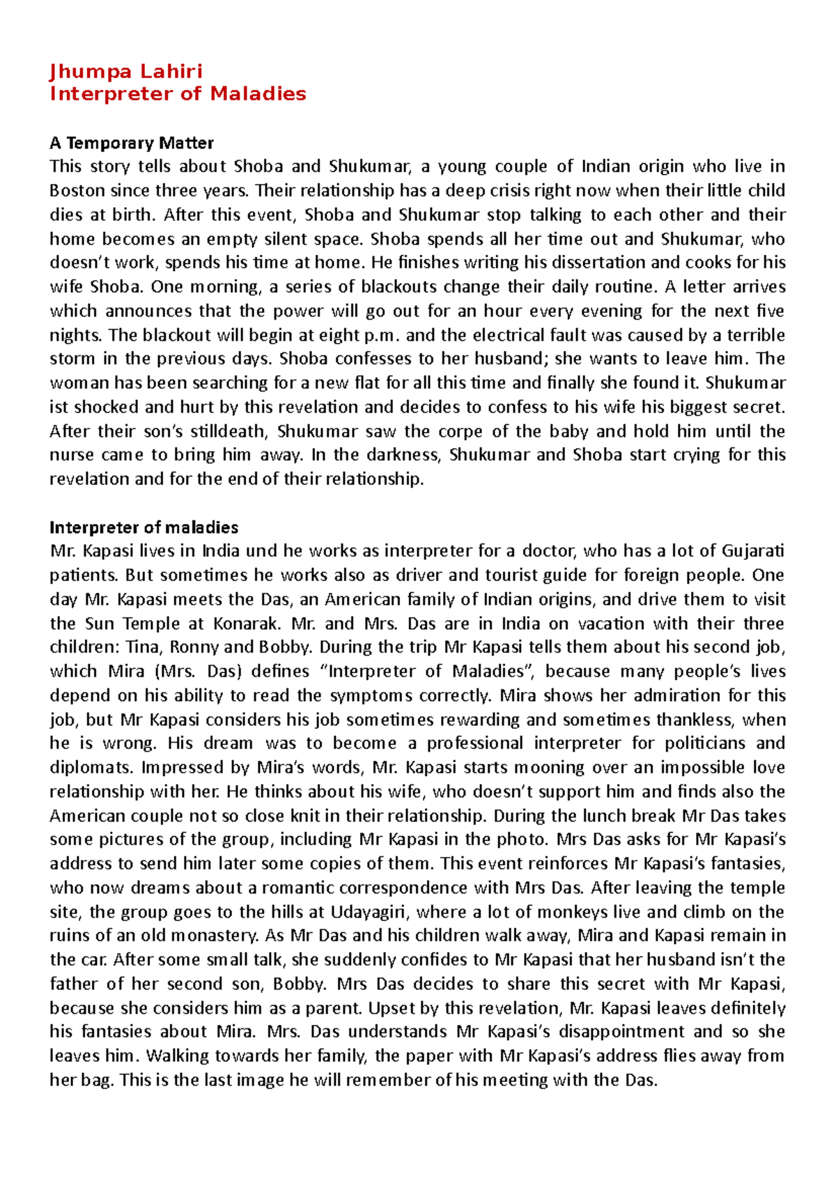 Short Stories Analysis: Interpreter of Maladies (Jhumpa Lahiri) - Studocu