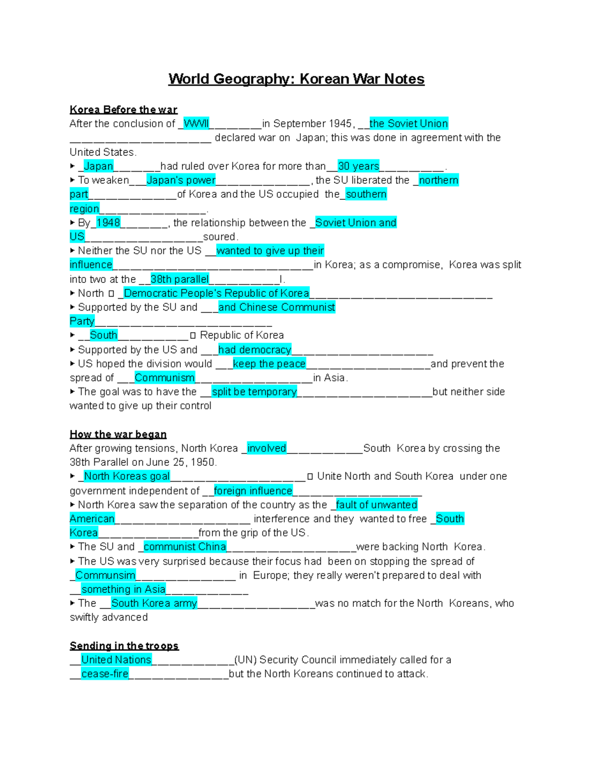 World Geography Korean War Notes - Japan________had ruled over Korea ...