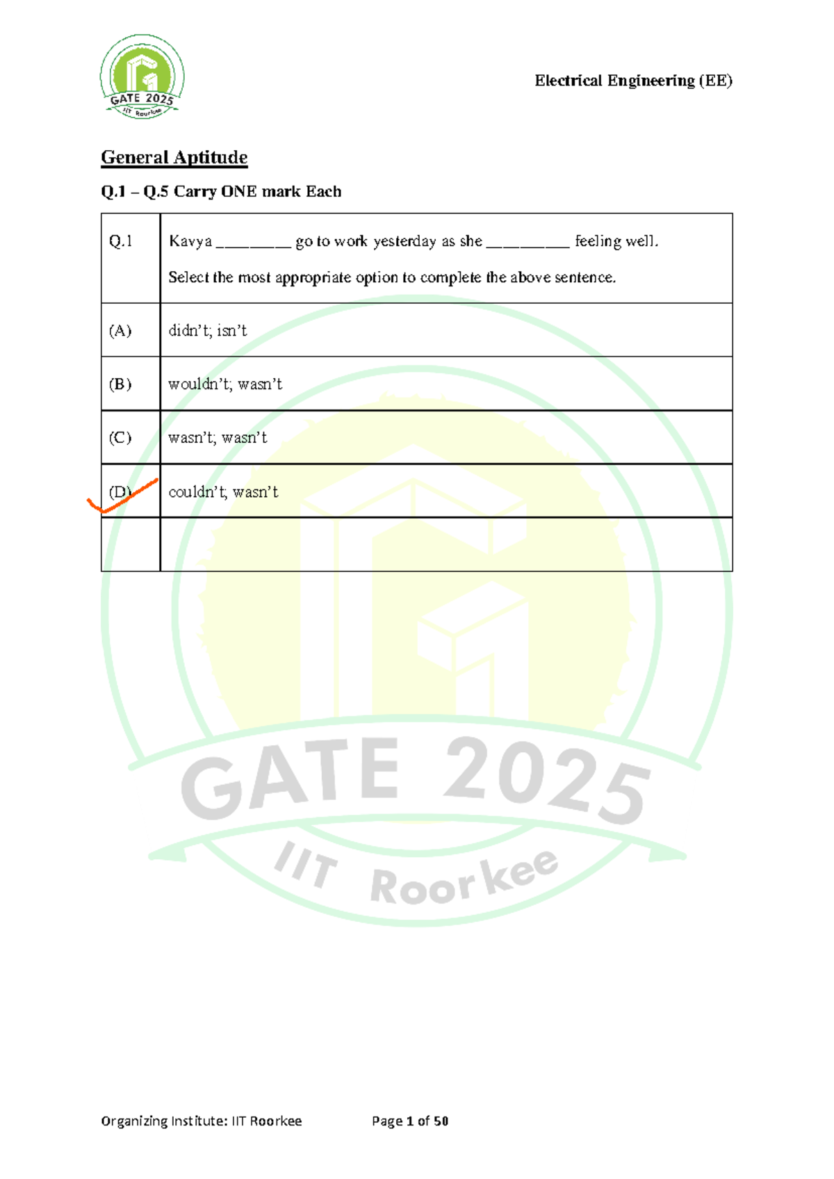 Electrical Engineering (EE) General Aptitude Questions Q.1 to Q.25 ...