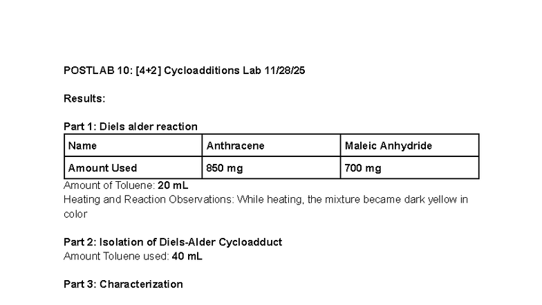 Postlab 10: [4+2] Cycloadditions Lab Results & Analysis - Studocu