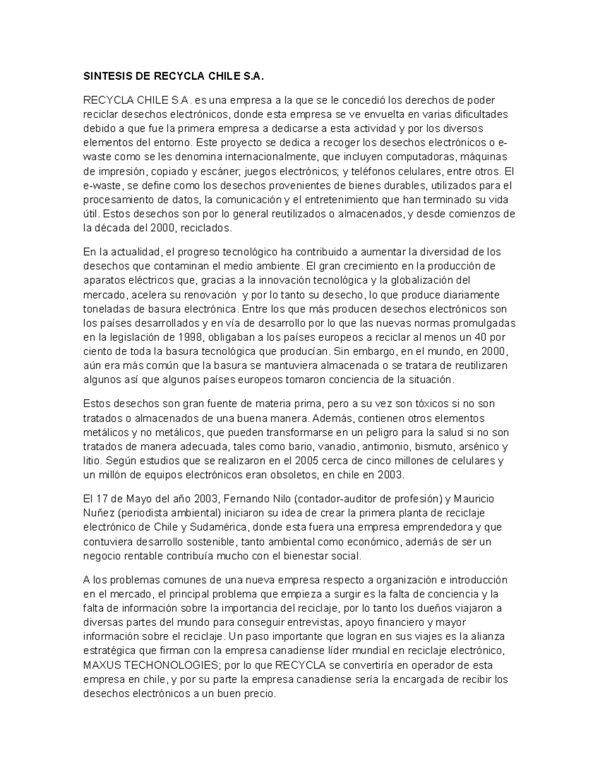 Sintesis de Responsabilidad Social de Recycla Chile S.A. en el ...