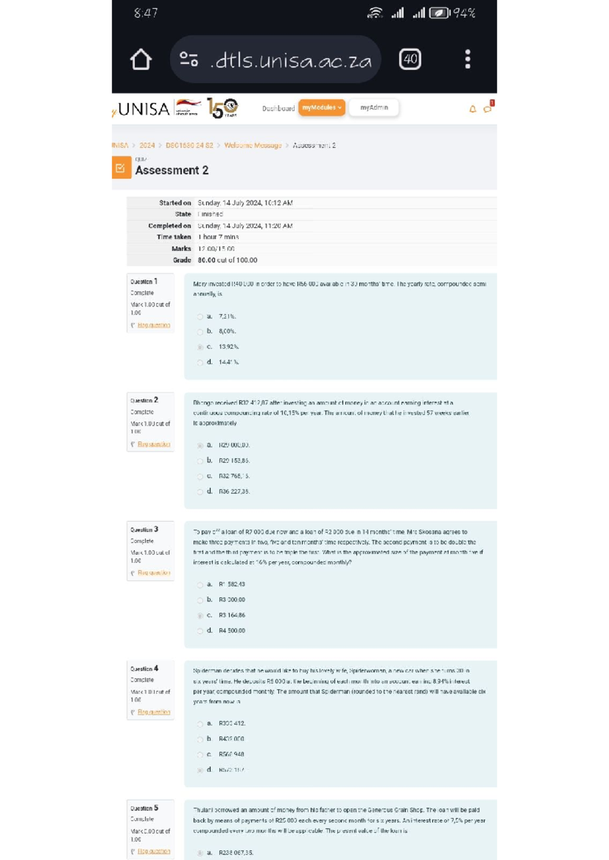 DSC1630 - 8:47 dtls.unisa.ac 40 UNISA university Dashboard myModules ...