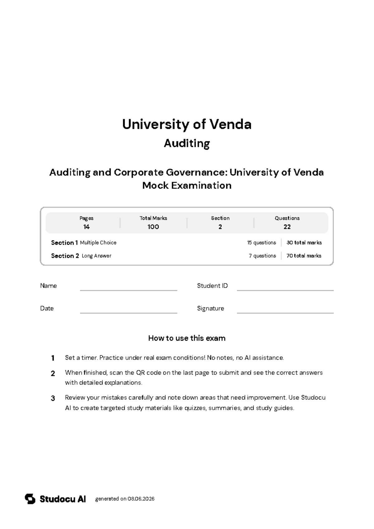 Auditing and Corporate Governance: Mock Exam - Studocu