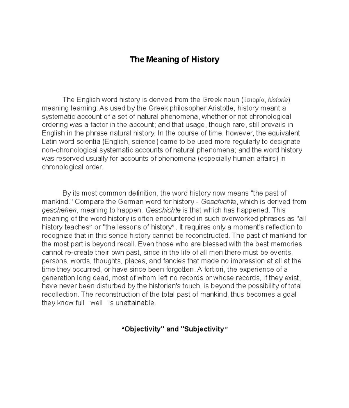 Meaning of History - Lecture notes 1 - The Meaning of History The ...
