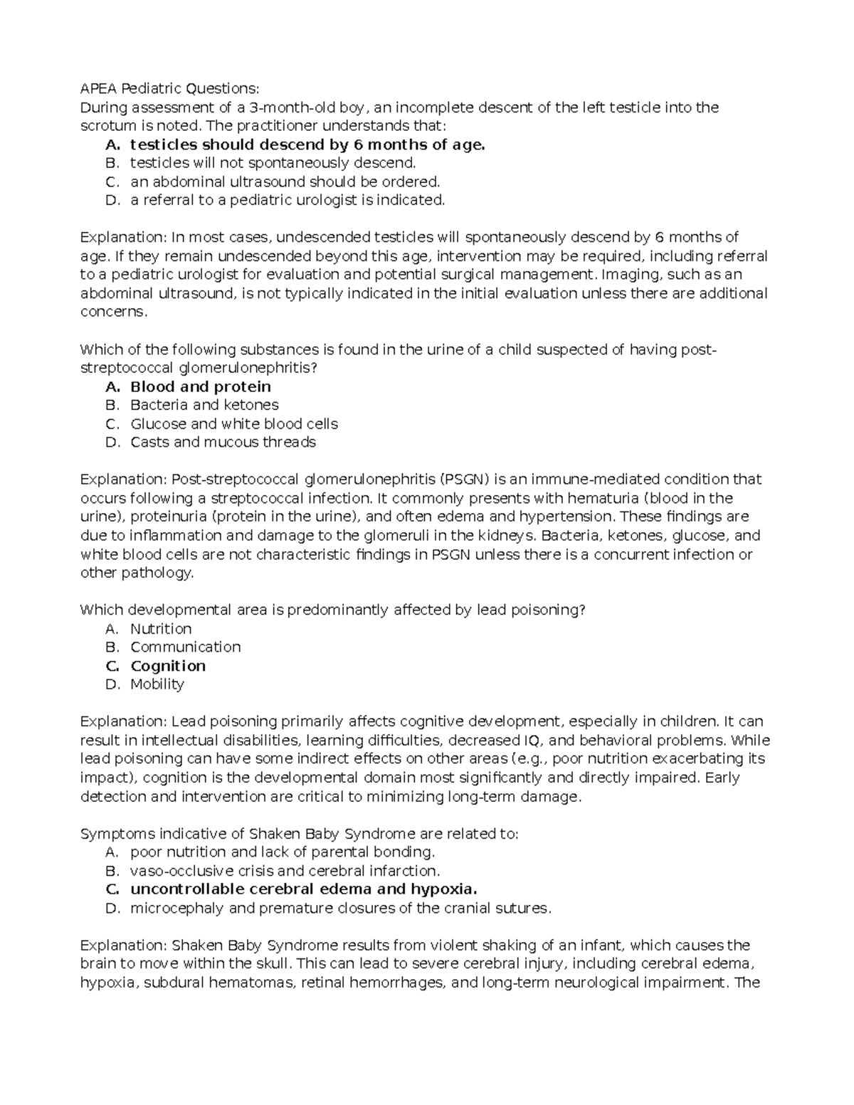 APEA Pediatric Exam Questions and Explanations: Key Topics by Subject ...