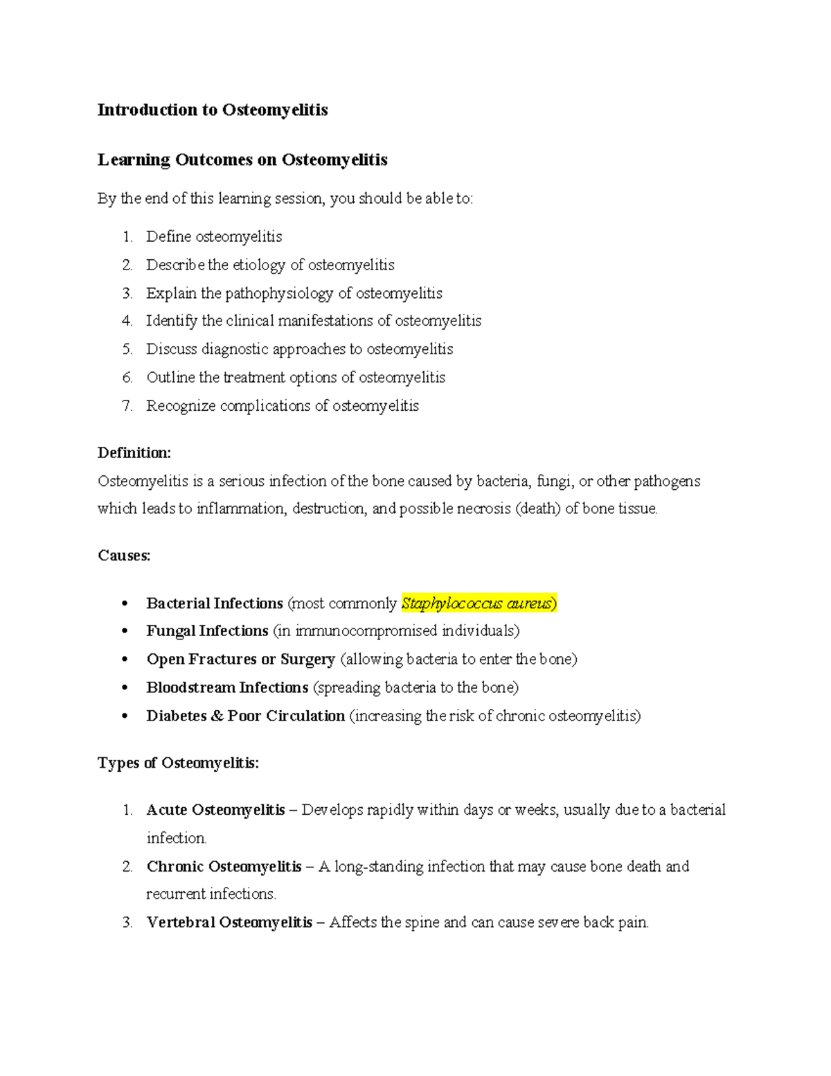 Learning Outcomes for Osteomyelitis in FQE Ortho Trauma Medicine - Studocu
