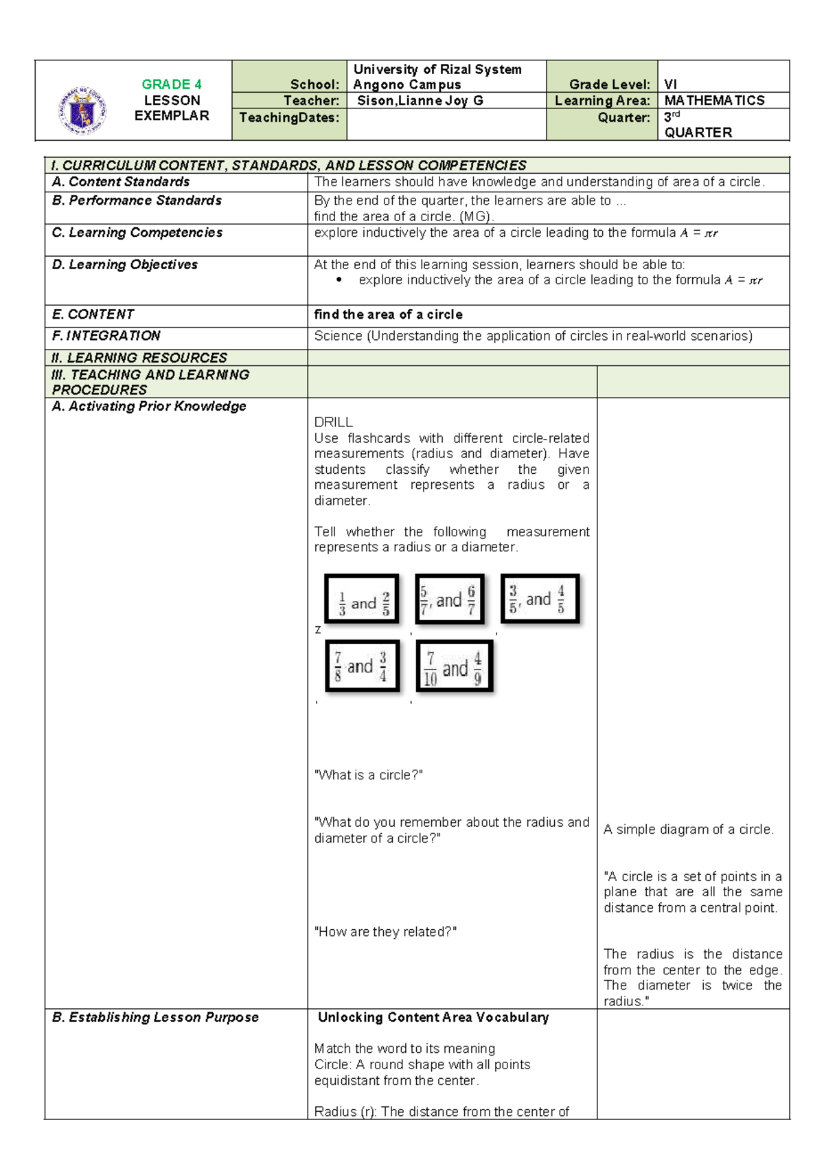 Detailed Lesson Exemplar MATH Ipapacheck PA - GRADE 4 LESSON EXEMPLAR ...