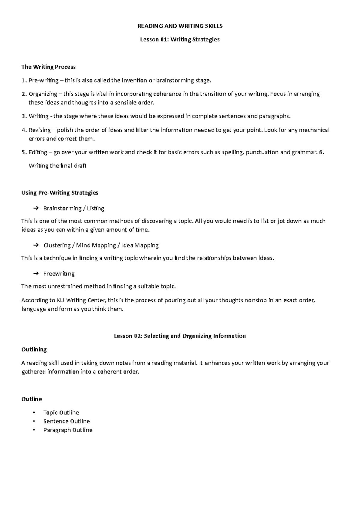 ENGL2111: Writing Strategies & Paragraph Development Lessons 1-5 - Studocu