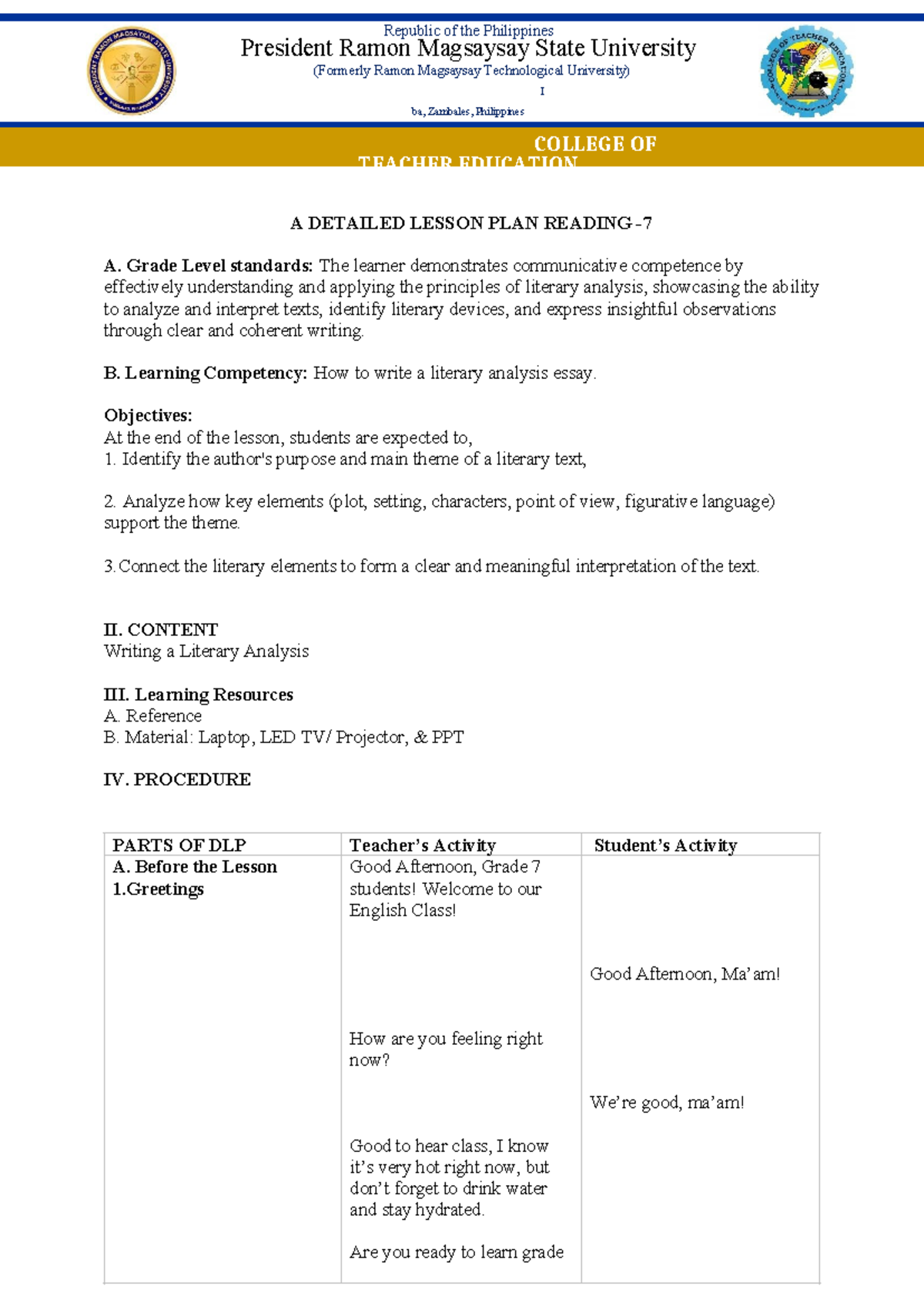 DLP for Grade 7: Writing a Literary Analysis Essay - Studocu