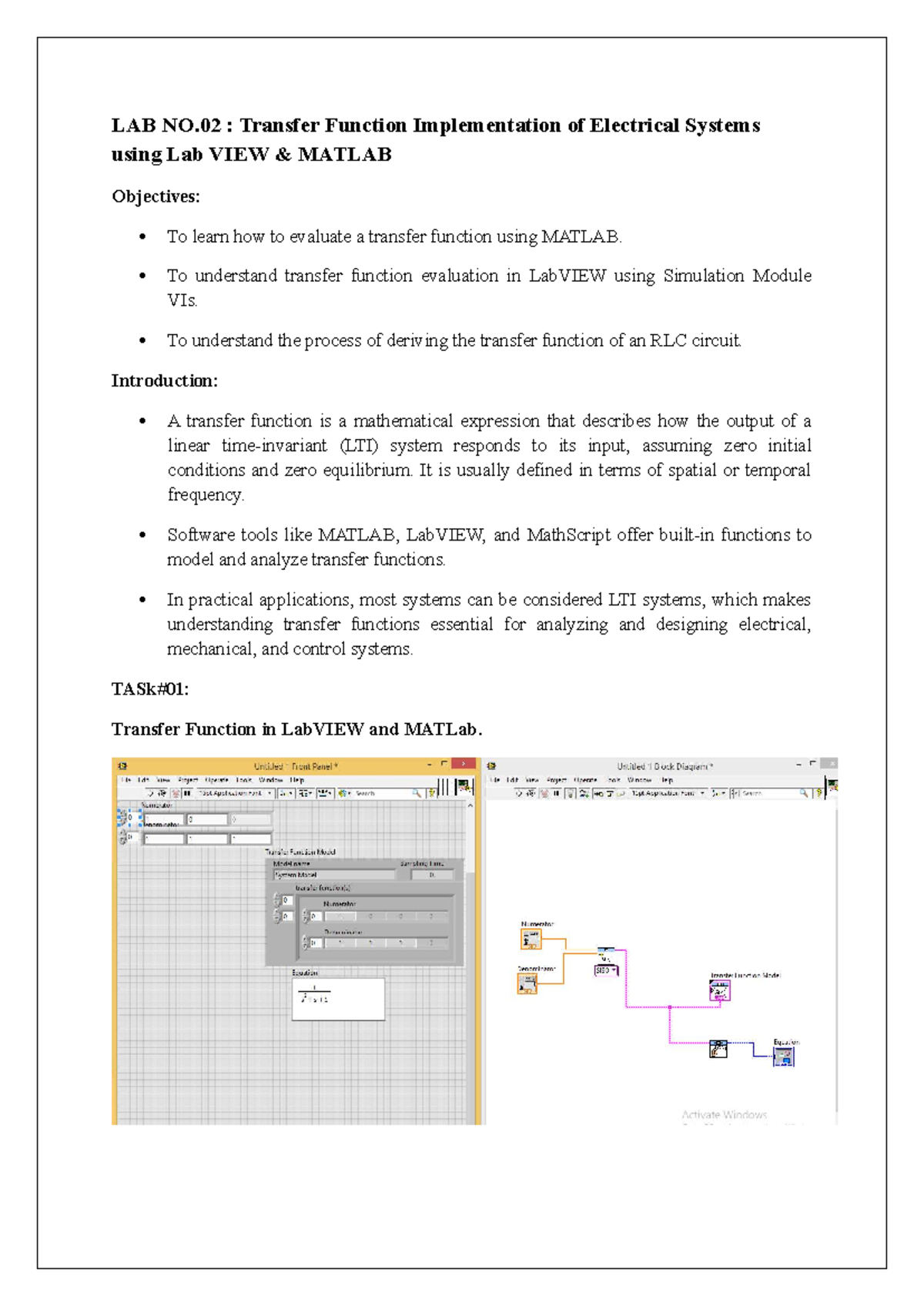 LAB NO.02: Transfer Function Analysis in LabVIEW & MATLAB - Studocu