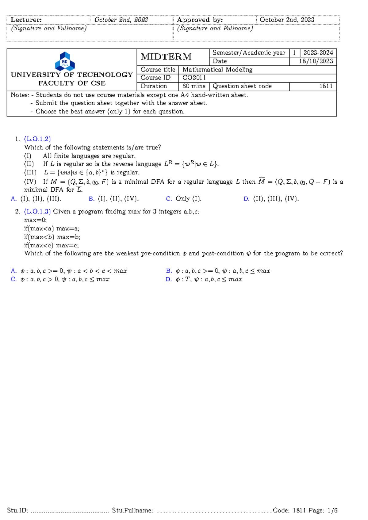 Midterm Exam CO2011 Mathematical Modeling - October 2023 - Studocu
