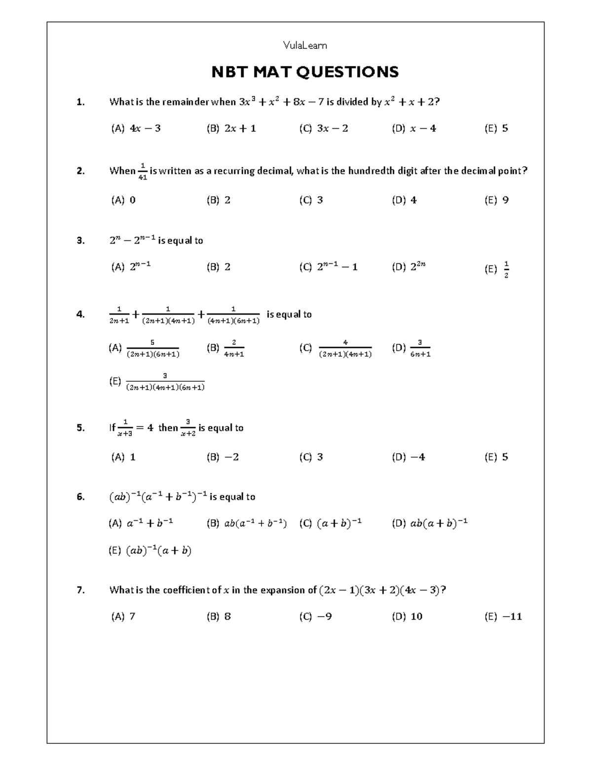 NBT MAT Questions and Answers for VulaLearn - Studocu