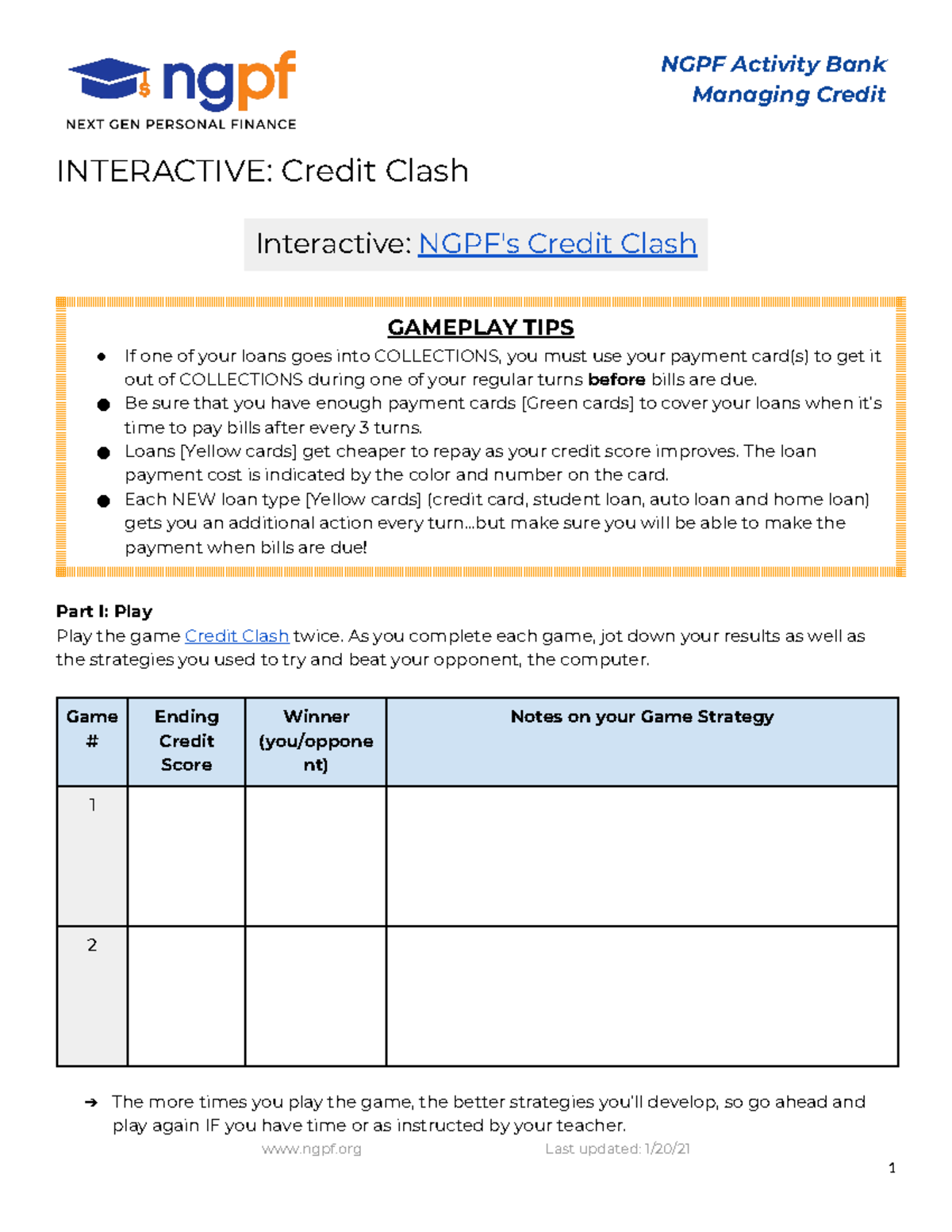 Interactive NGPF Credit Clash Gameplay Tips and Strategies - Studocu