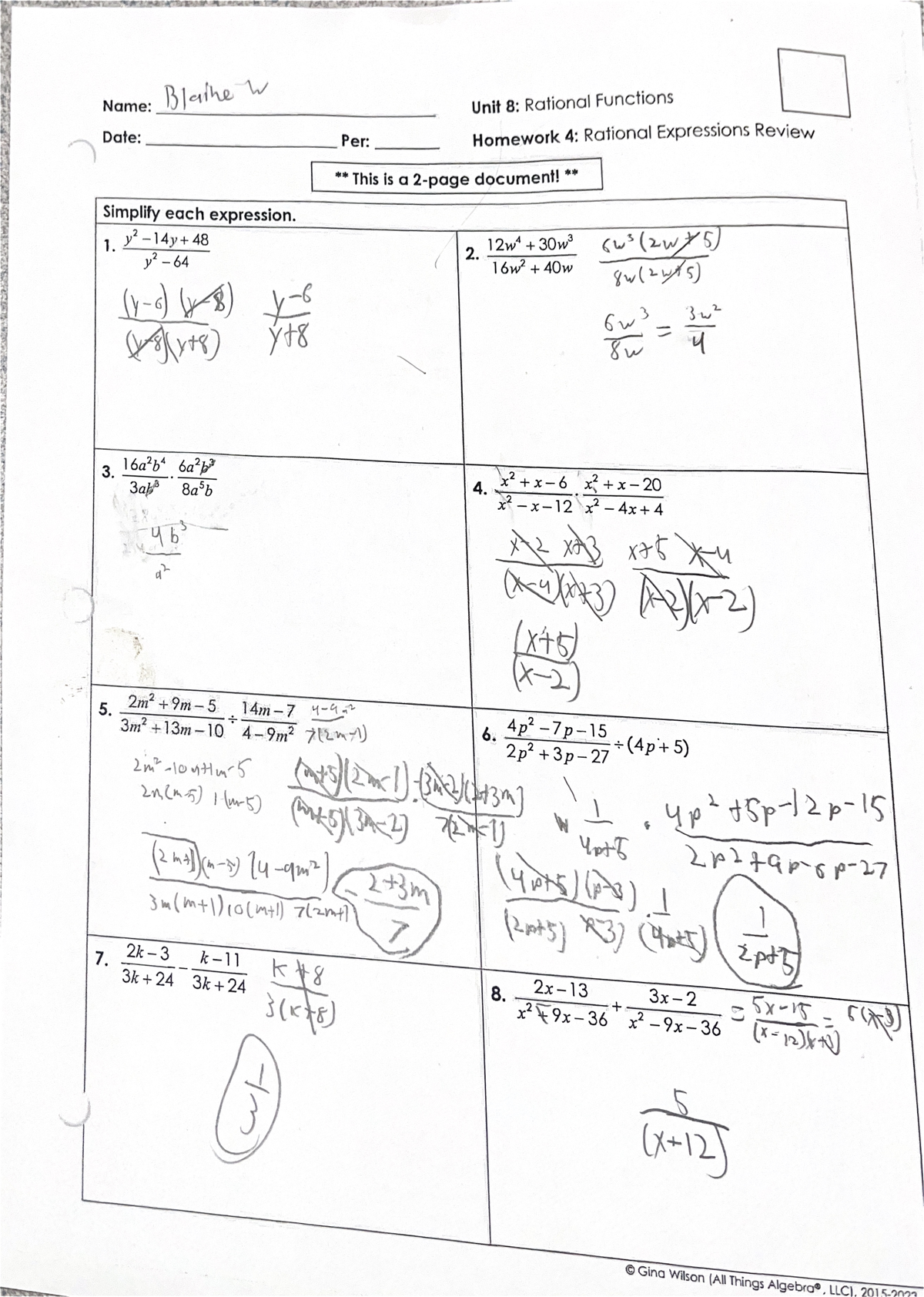 Rational Functions Review Handout (#1-16 ALL) (Feb 5, 2025 at 8:57 AM ...