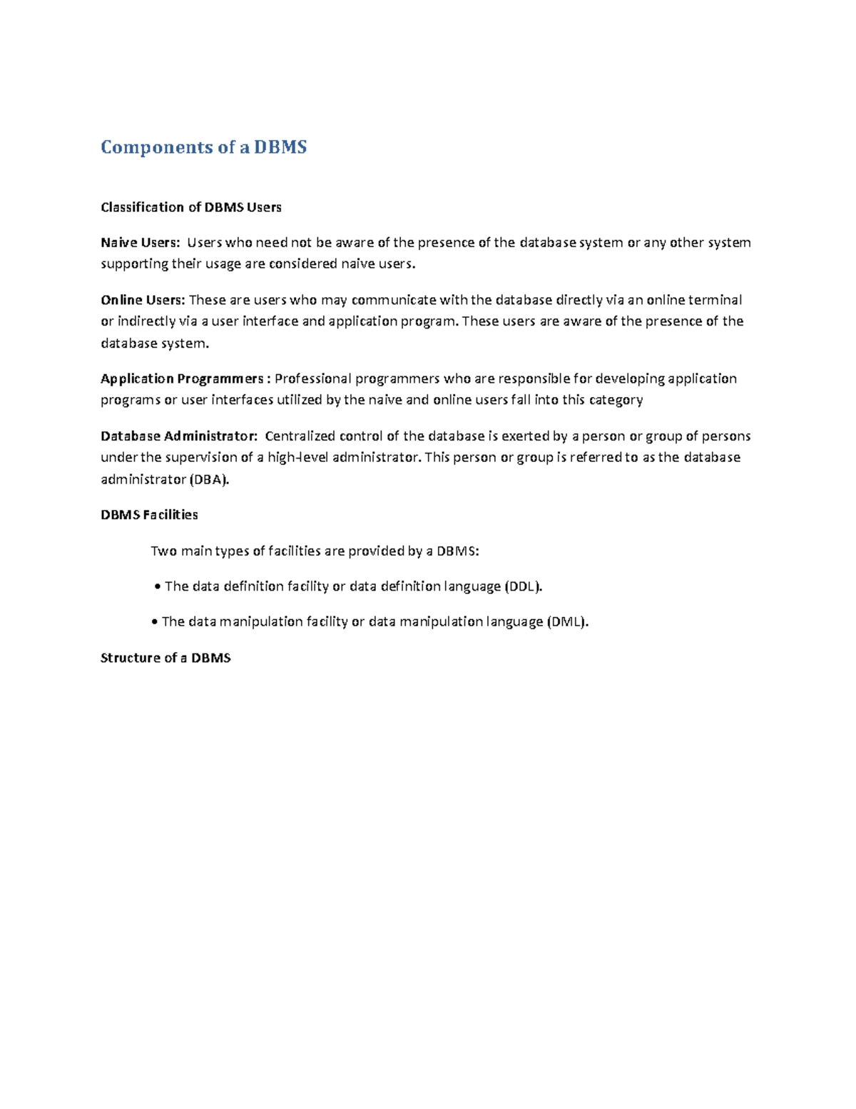 Components OF DBMS - Rdbms - Components of a DBMS Classification of ...