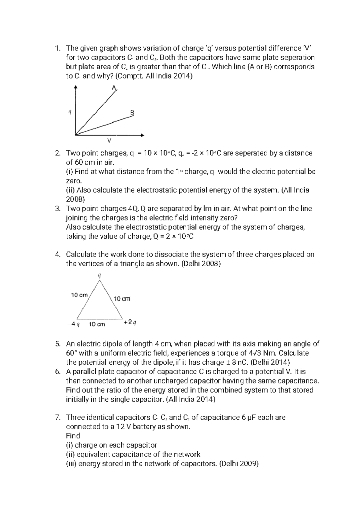 Class 12 Worksheet on Capacitors and Electric Potential (Ch 2) - Studocu