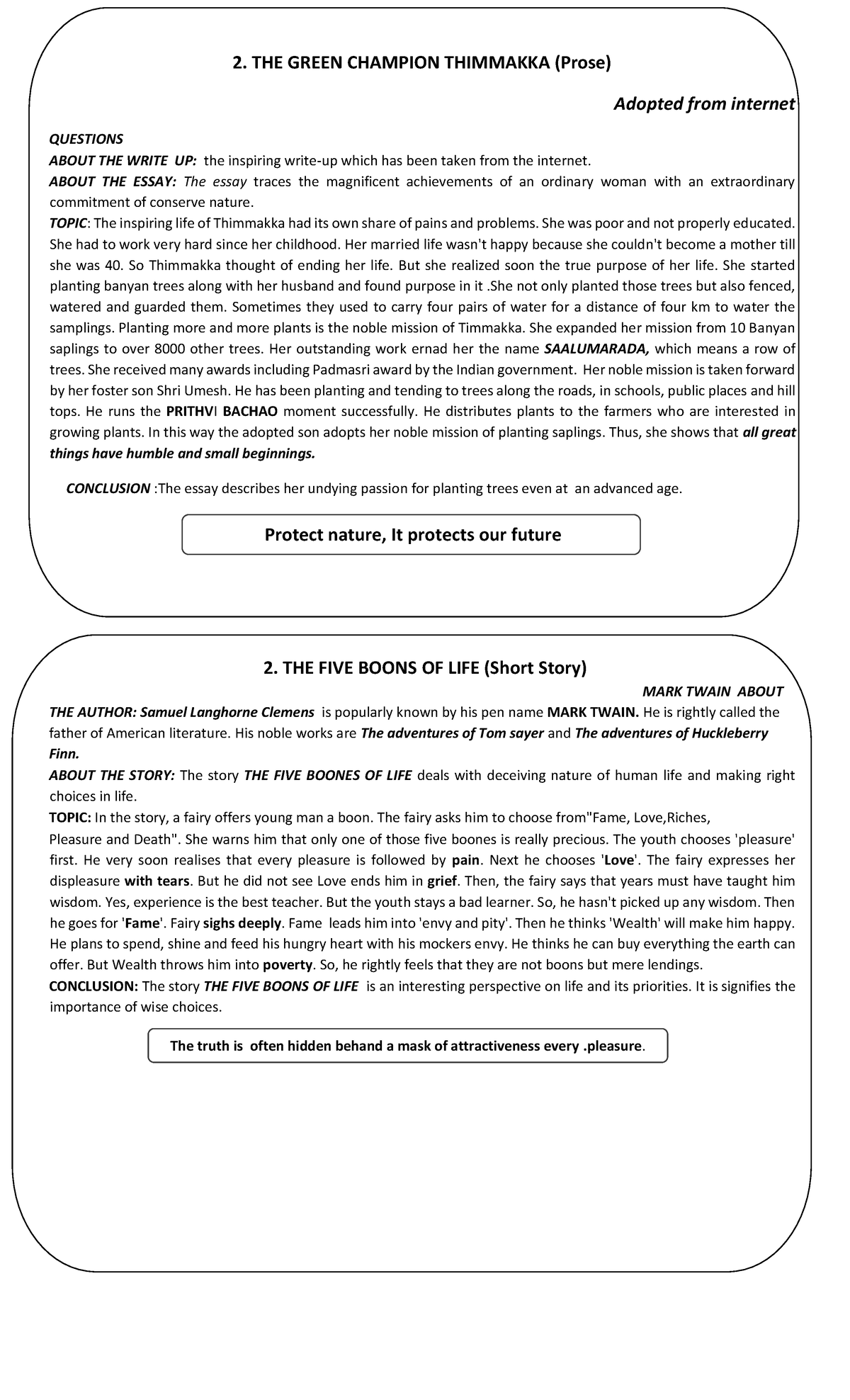 1st Year English (Unit 2) - The Green Champion Thimmakka & The Five ...