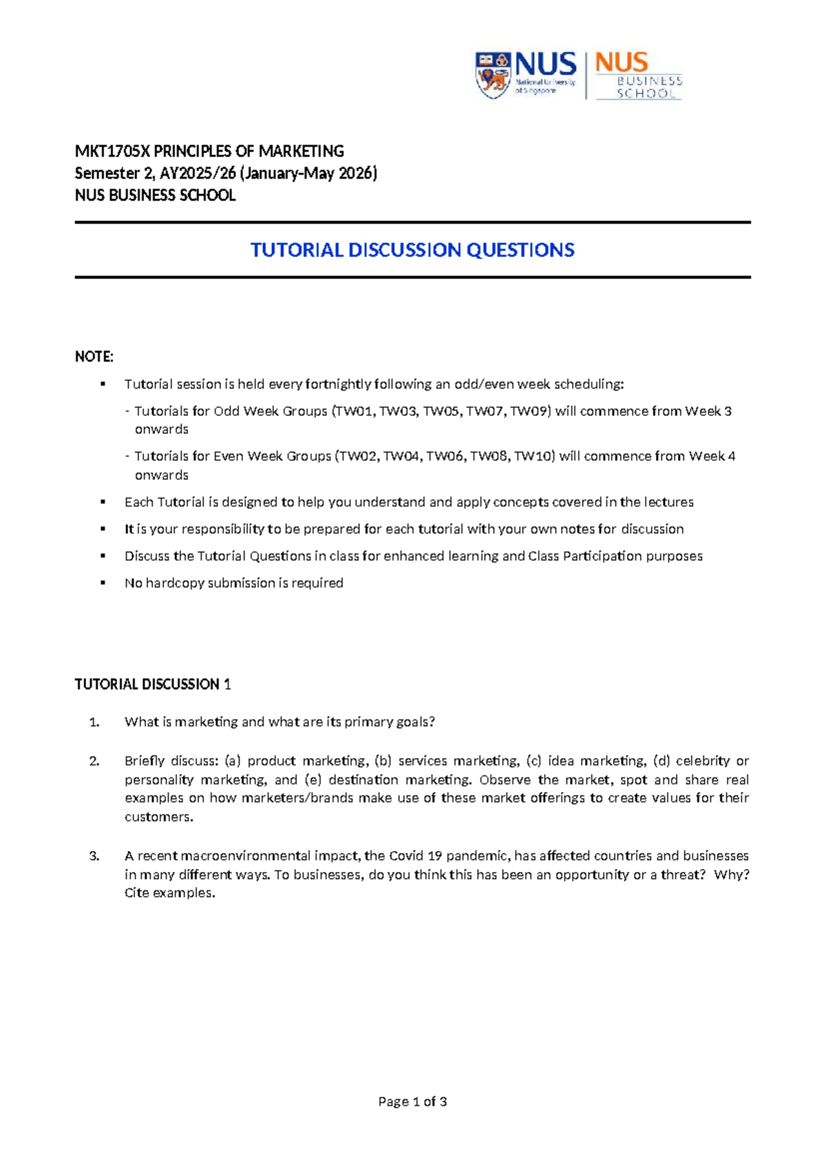 MKT1705X Principles of Marketing Tutorial Discussion Questions (Jan ...