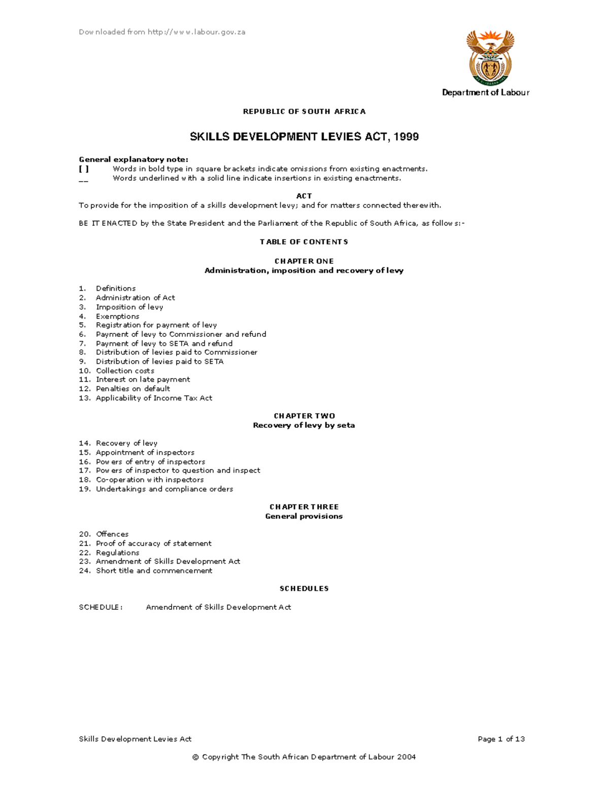 Act - Skills Development Levies - Department of Labour ! - Studocu