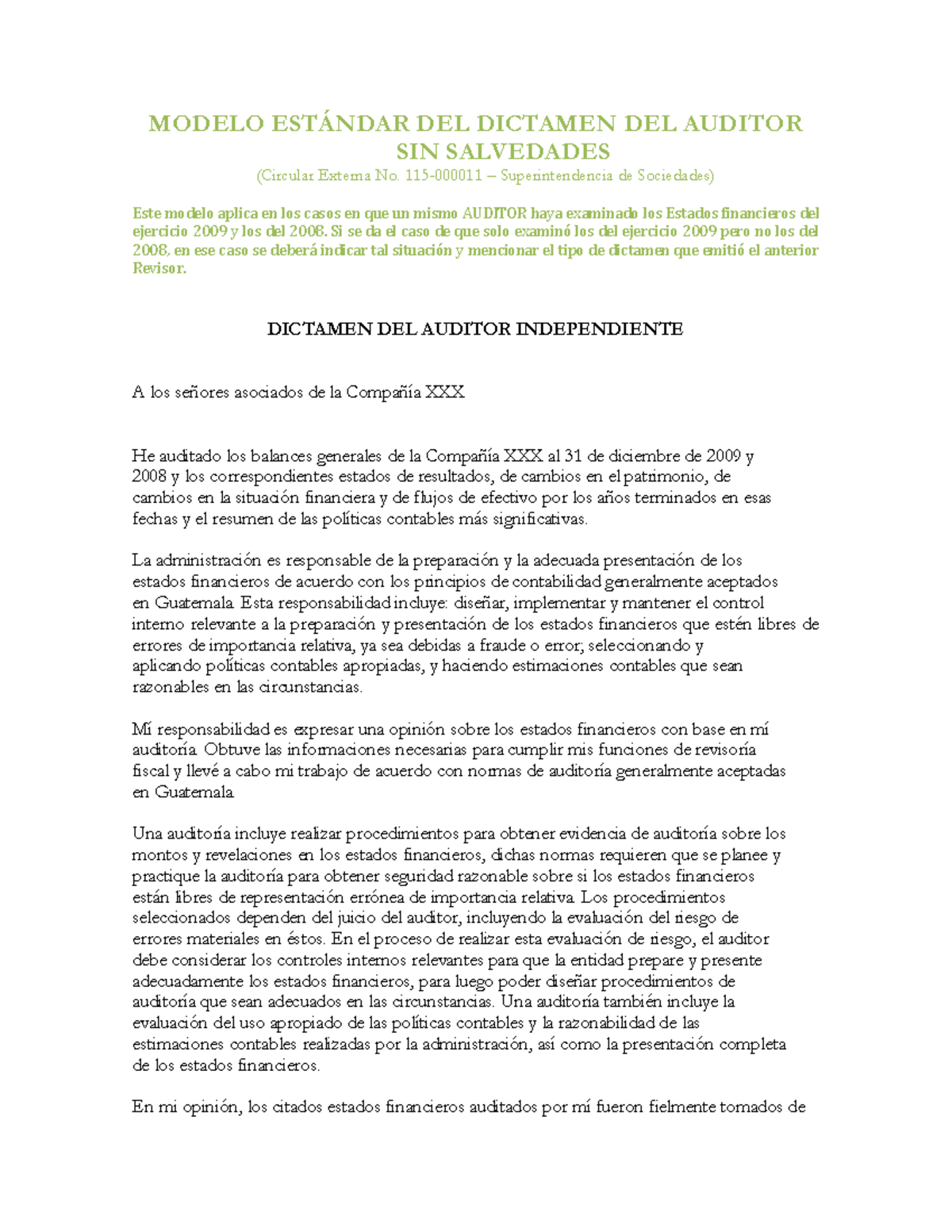 Dictamen del Auditor Sin Salvedades - Modelo Estándar de Auditoría ...