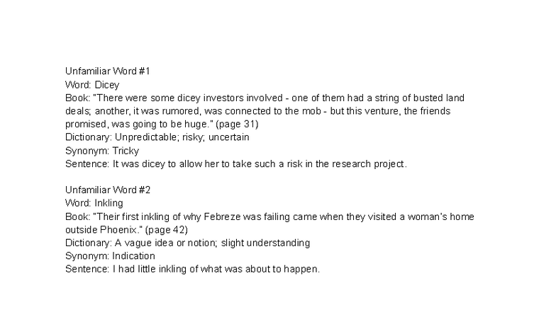 Chapter 2 Vocabulary - Unfamiliar Word # Word: Dicey Book: “There were ...